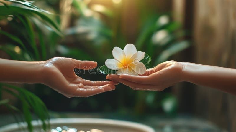 Gentle Connection through Flower Exchange in Serene Environment Stock ...