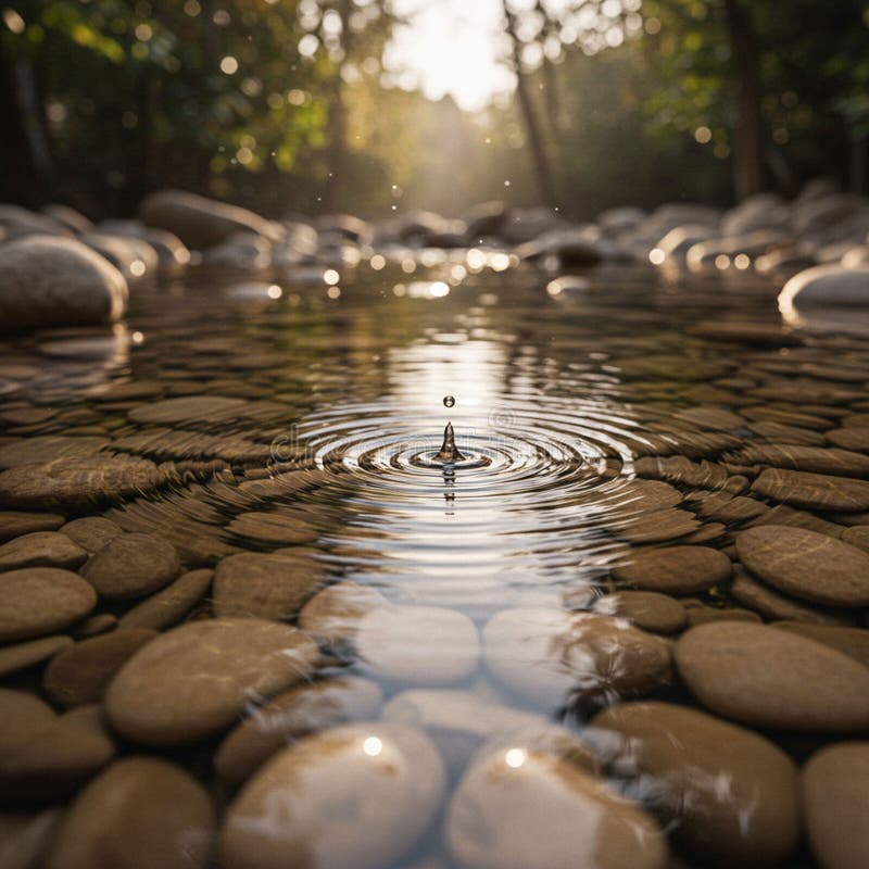 A Gentle Droplet Disrupts the Calm Surface of a Shallow River, Inducing ...