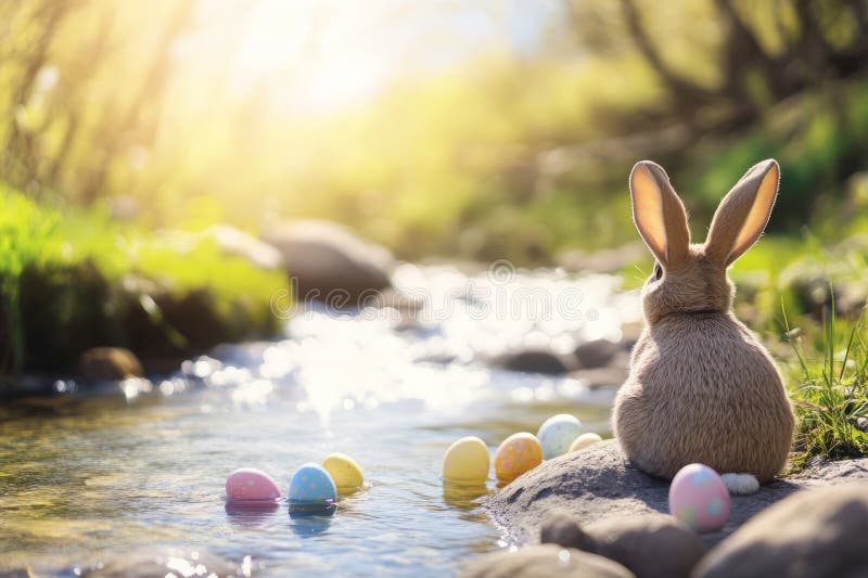 A Gentle Easter Bunny Sitting beside a Clear Blue Stream, Watching As ...