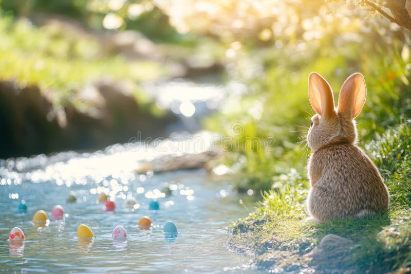 A Gentle Easter Bunny Sitting beside a Clear Blue Stream, Watching As ...