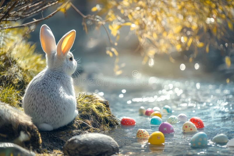 A Gentle Easter Bunny Sitting beside a Clear Blue Stream, Watching As Tiny Easter Eggs Float ...