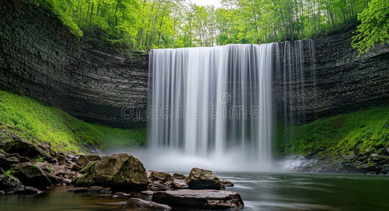 The Gentle Flow of a Waterfall Feeds a Serene Stream Surrounded by Lush ...