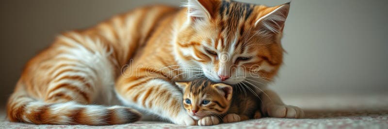 Soft Ginger Cat Cuddles with Its Small Striped Kitten in a Cozy Indoor ...