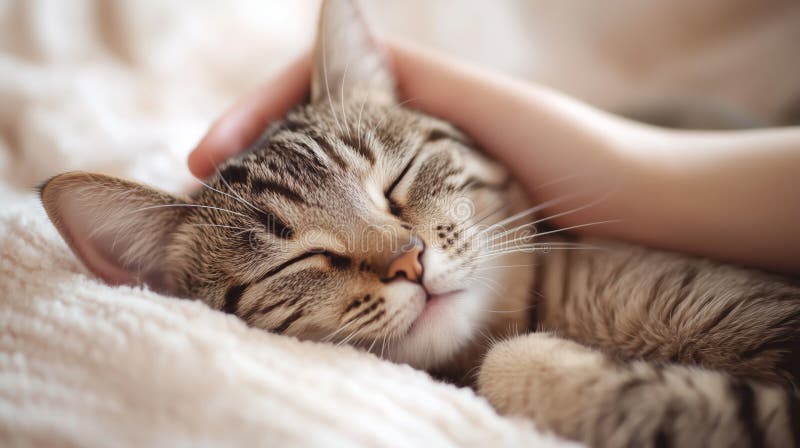 A Gentle Hand Comforts a Sleeping Cat, Expressing Love and Tranquility ...