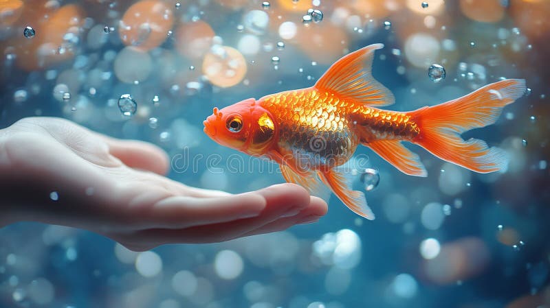 A Gentle Hand Reaching for a Goldfish in an Aquarium Stock Illustration ...
