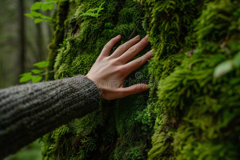Gentle Hand Touch on Moss-covered Tree. Deep Connection and Harmony ...
