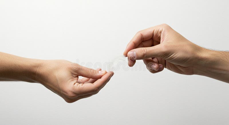 Two Hands Gently Passing a Delicate White Feather Against a Plain White ...