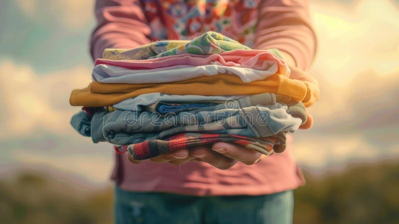 Gentle Hands Holding a Neatly Folded Stack of Clothes for Donation in a ...
