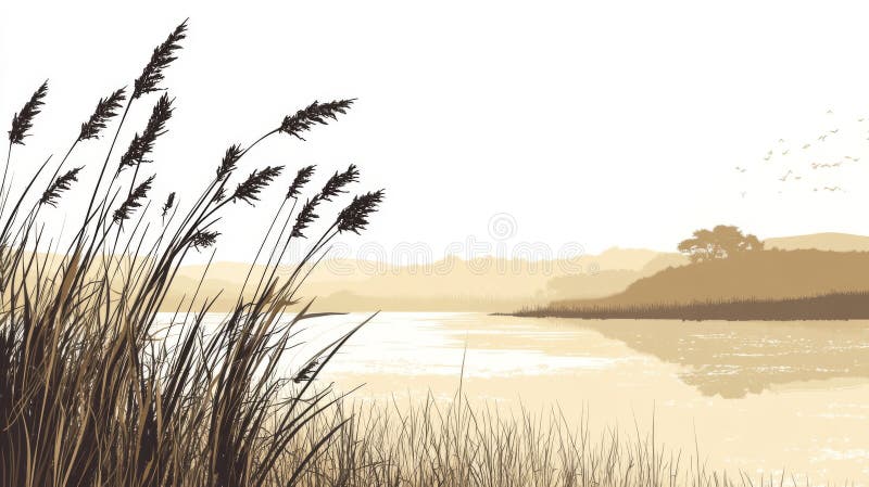 Gentle Landscape Scene by Water with Reeds Stock Illustration ...