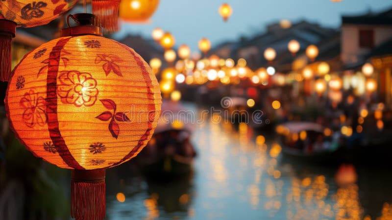 Gentle Lanterns Cast a Soft Glow Over a Serene Waterway in the Night ...