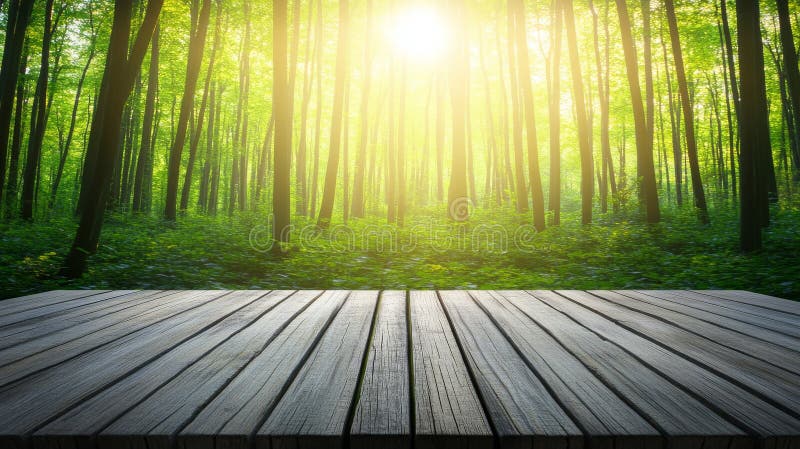 Gentle Light Illuminates a Wooden Surface in a Peaceful Forest ...