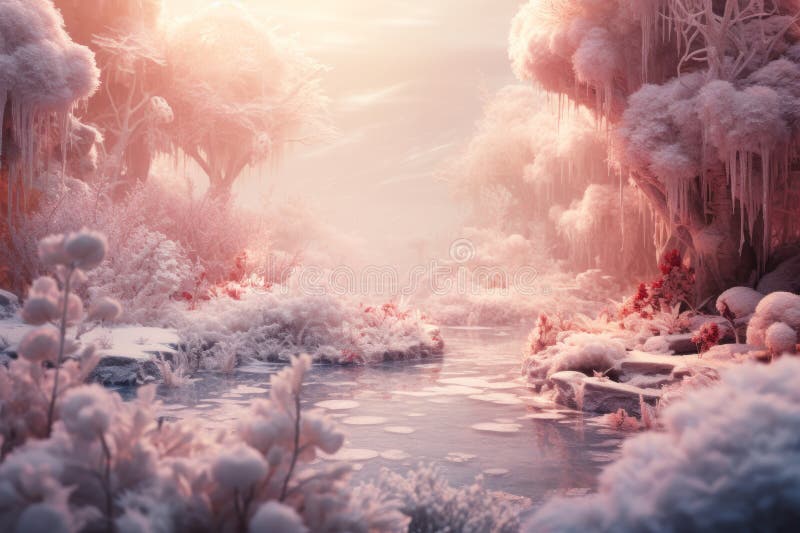 Gentle Mesmerizing White-pink Winter Landscape Generative Ai Stock ...
