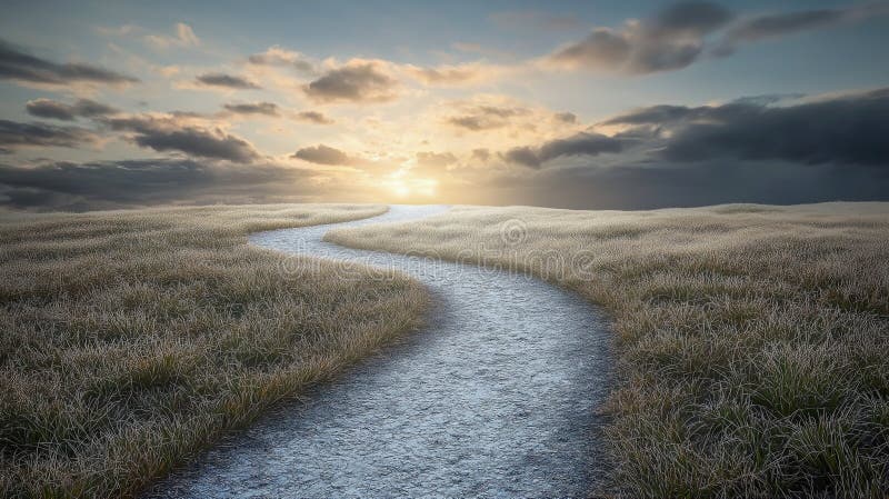 Winding Pathway through Grass Fields at Sunrise with Dramatic Clouds in ...