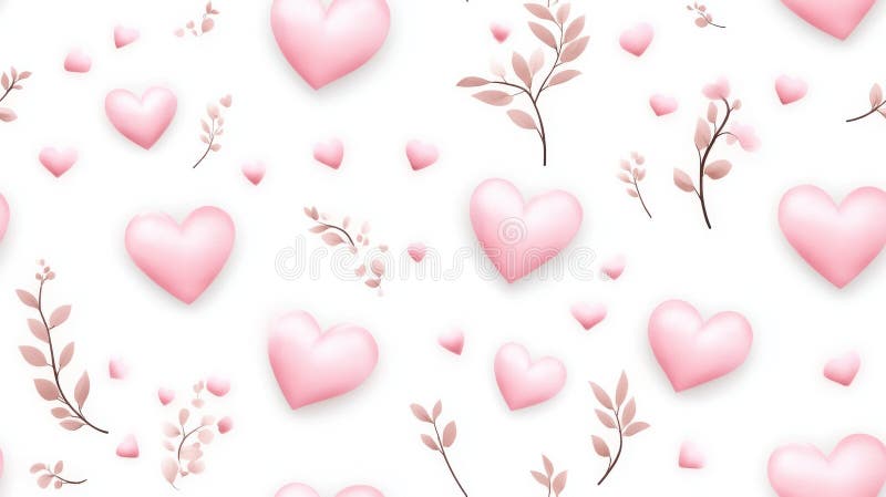 A Gentle Pattern Featuring Pink Hearts and Delicate Leaves, Perfect for ...