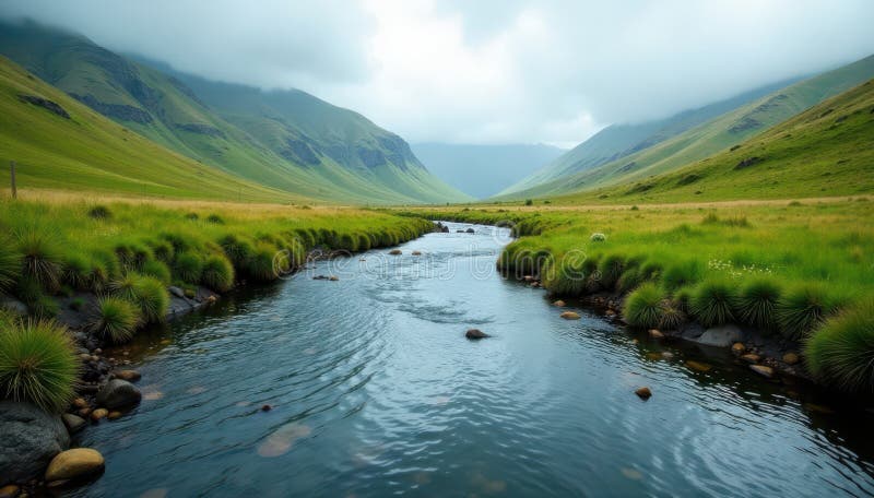 Gentle River Flow, Rolling Hills, Overcast Sky , Photography, Gentle ...