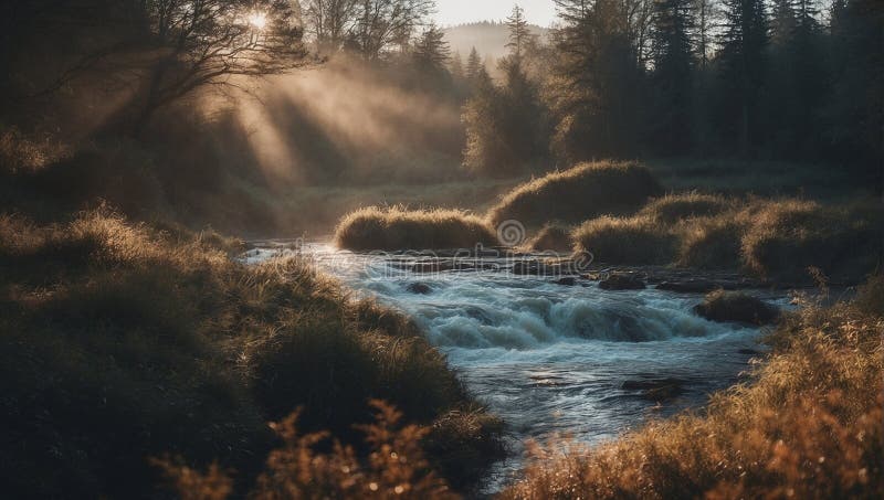 Gentle River Flows through a Peaceful Forest at Sunrise with Soft Light ...
