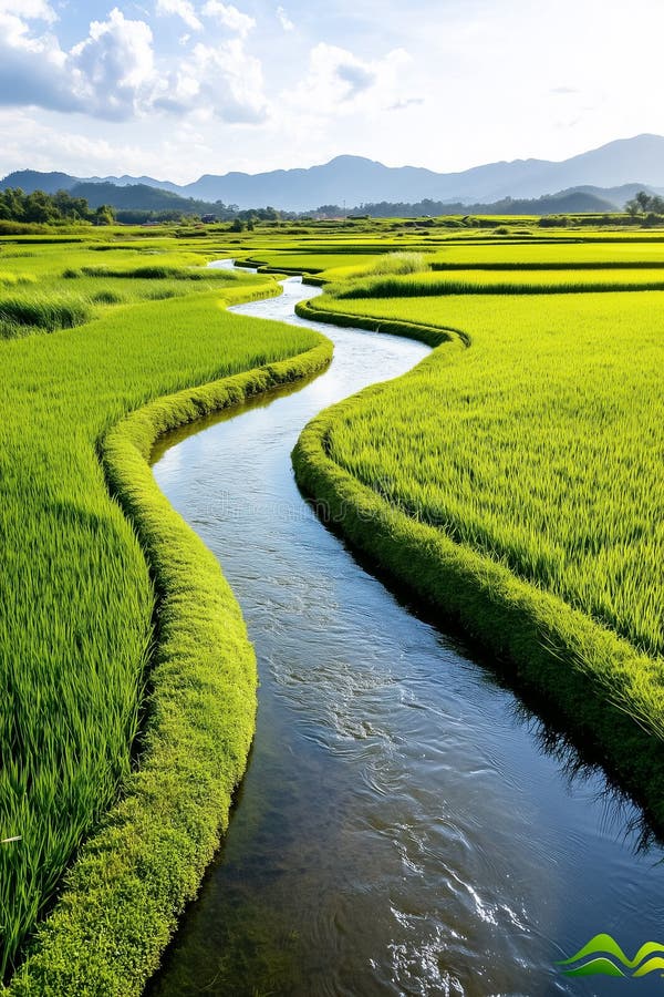 A Gentle River Winds Its Way through Lush, Green Rice Fields ...