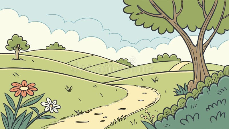 Gentle Rolling Hills with Winding Path and Clear Blue Sky, Vector ...