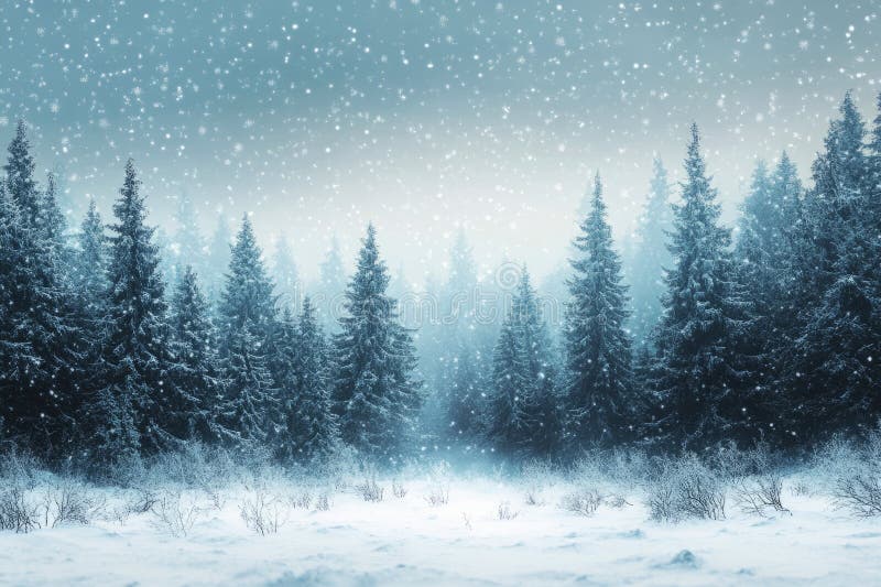 Gentle Snowfall on a Blurred Background of a Snowy Pine Forest ...