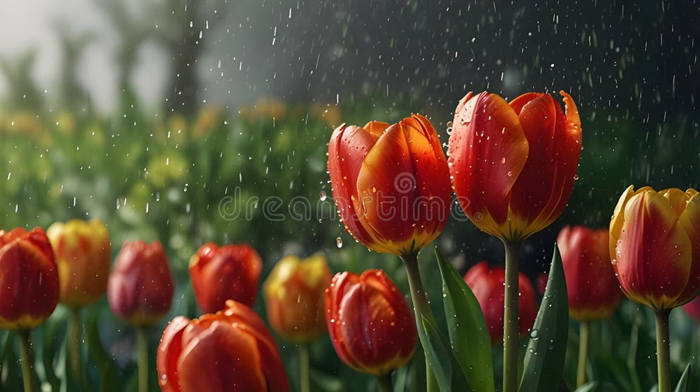 A Gentle Spring Rain Shower Falling on Vibrant Tulips Stock ...