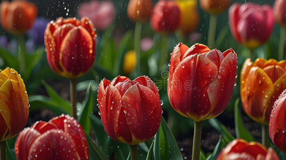 A Gentle Spring Rain Shower Falling on Vibrant Tulips Stock ...