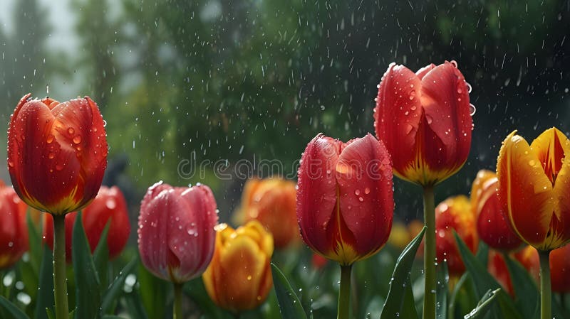 A Gentle Spring Rain Shower Falling on Vibrant Tulips Stock ...