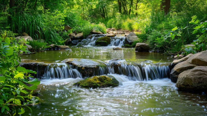 A Gentle Stream Flows Over Small Waterfalls Surrounded by Lush Greenery ...