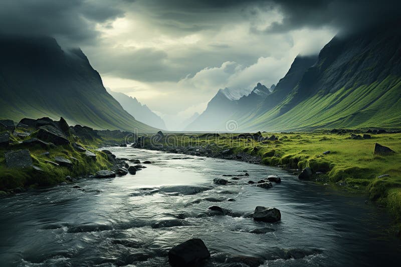 Stream Flowing through Green Valley at Dusk. Generative AI Stock ...