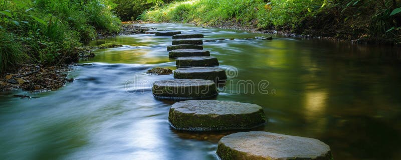 Gentle Stream with Stepping Stones in a Serene Forest Setting during ...