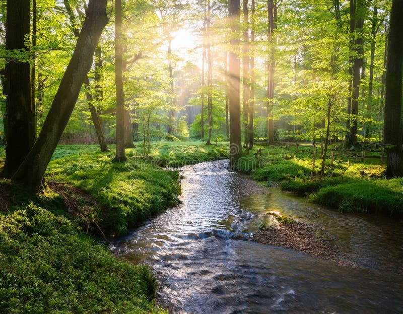 A Gentle Stream Winding through a Lush Green Forest Sprinkled with Soft ...