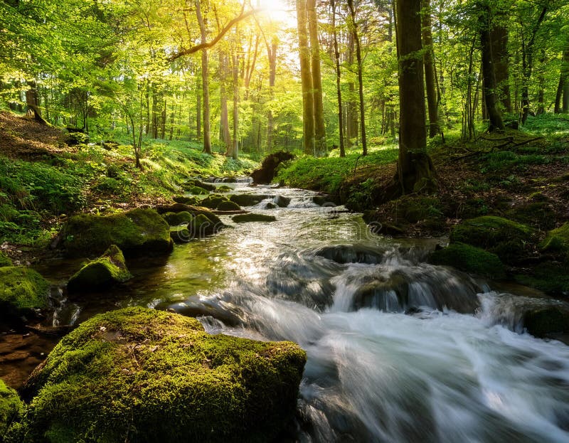 A Gentle Stream Winding through a Lush Green Forest Sprinkled with Soft ...