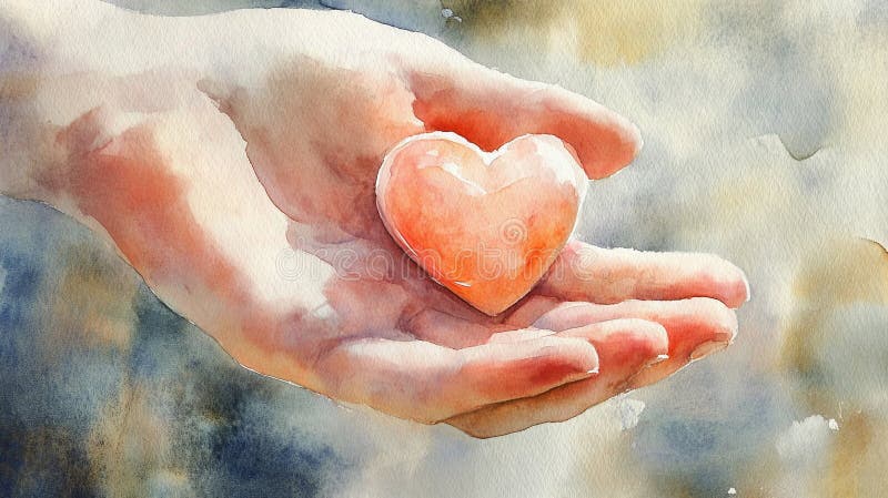 Gentle Watercolor of a Hand Holding a Small Heart-shaped Object.. Stock ...
