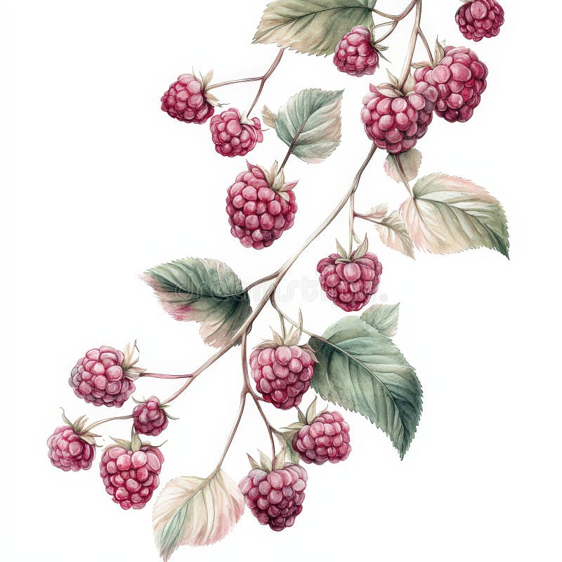 Gentle Watercolor Illustration of Raspberry Branches in Pastel Drawing ...