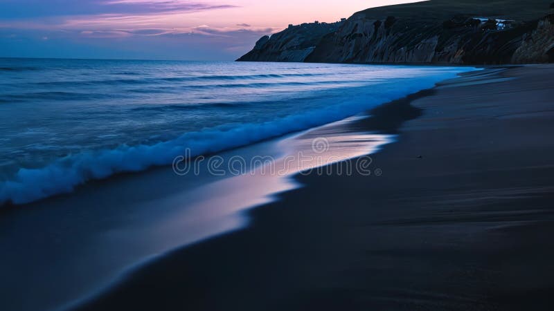 Gentle Waves Lap the Shore in a Dramatic, High-resolution Twilight ...