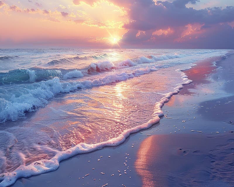 Gentle Waves Lapping at a Sandy Beach Under a Pastel Sunset Stock Photo ...