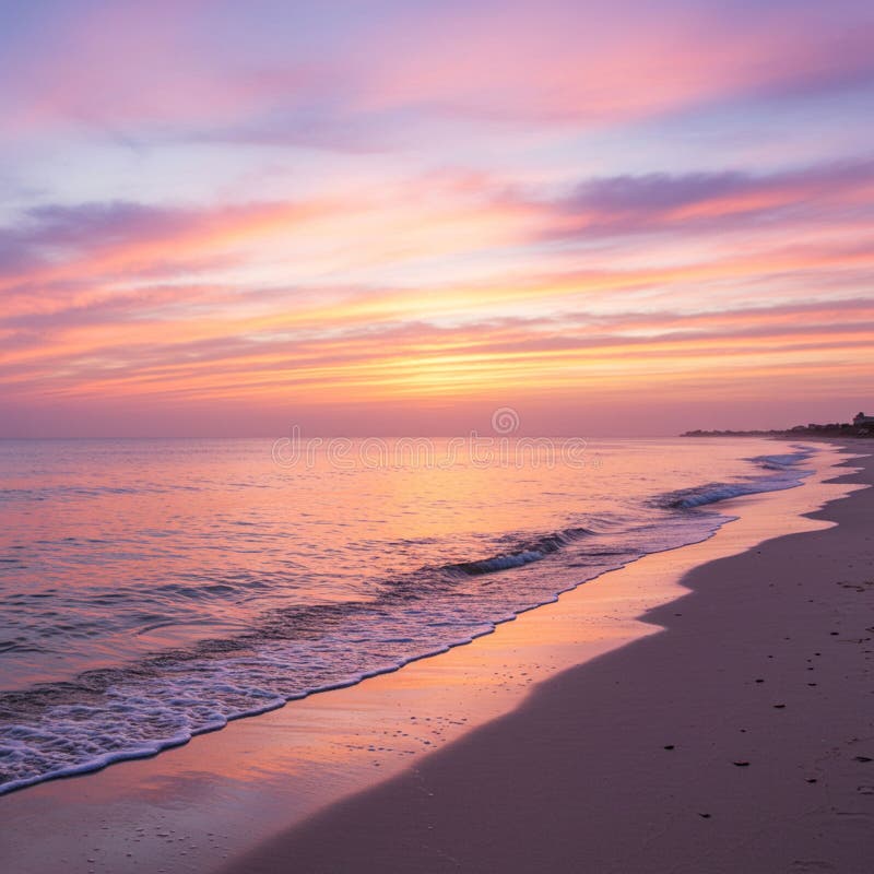 Gentle Waves Roll Onto a Sandy Beach during Sunset. the Sky is a ...