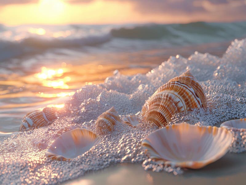 Gentle Waves and Seashells on the Shore at Sunset Stock Illustration ...