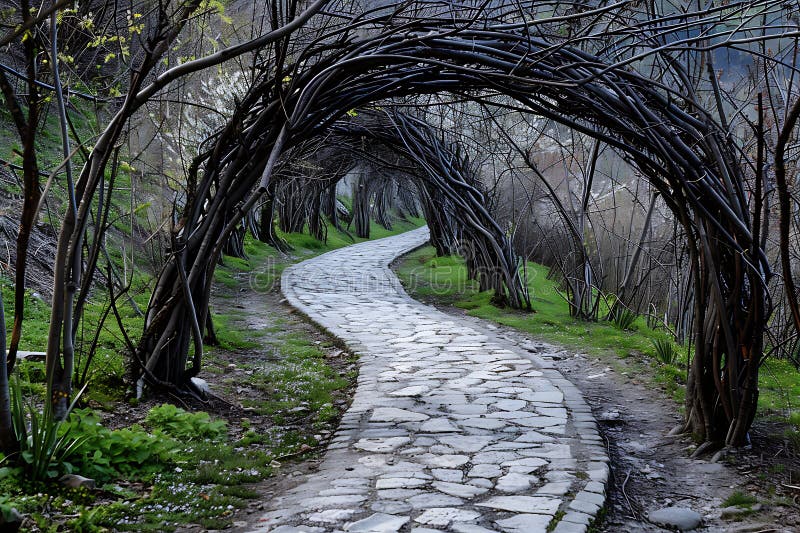 Serpentine Stone Path Underneath a Canopy of Twisted Branches Stock ...