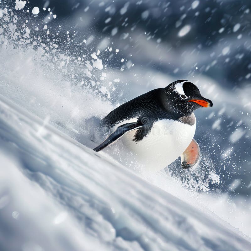 Gentoo Penguin Sliding Down Snowy Slope, Splashing Snow Stock ...