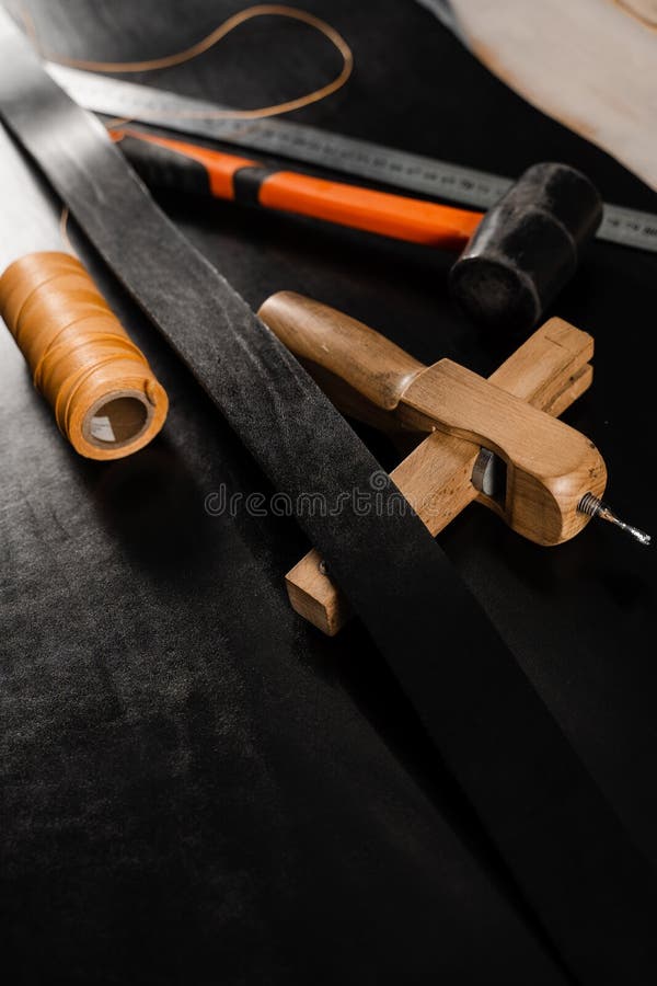 Genuine Leather Belt, Thread, Hammer and Ruler. Tools of Craftsman for ...