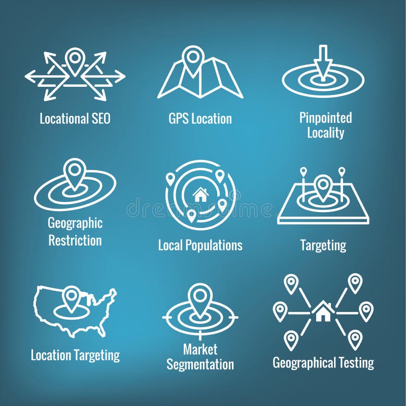 Geo Location Targeting with GPS Positioning and Geolocation Icon Set ...