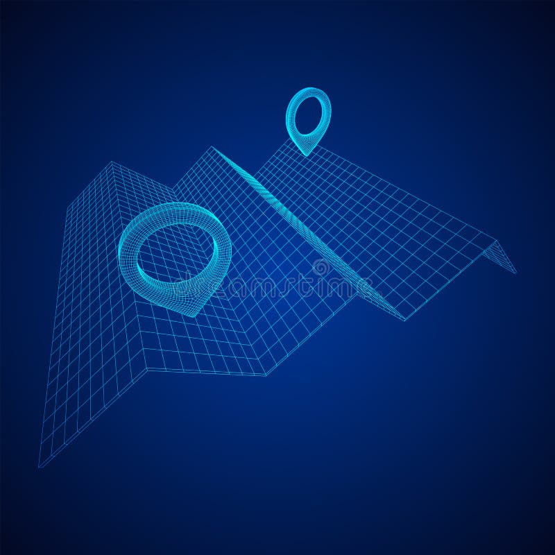 Geo Map Pin with Folding Map Wireframe Mesh Stock Vector - Illustration ...