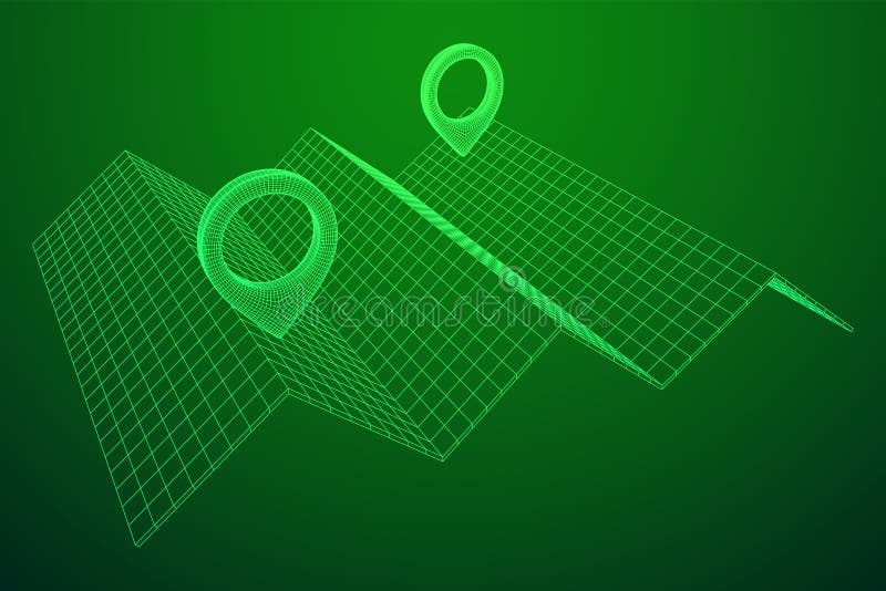 Geo Map Pin with Folding Map Wireframe Mesh Stock Vector - Illustration ...