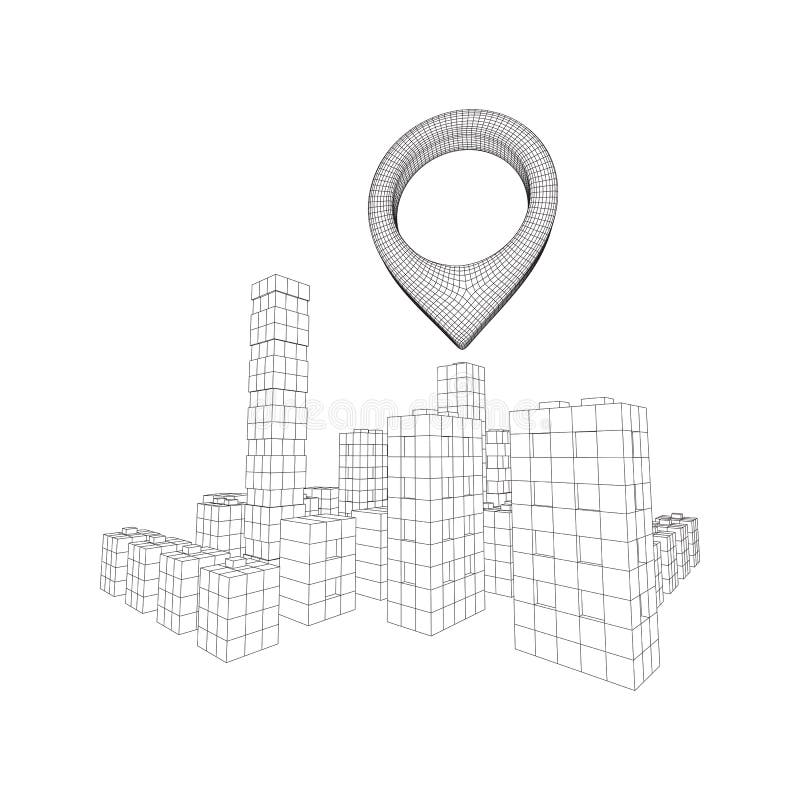 Geo Map Pin on Mesh Cubes City Array Wireframe Mesh Stock Vector ...