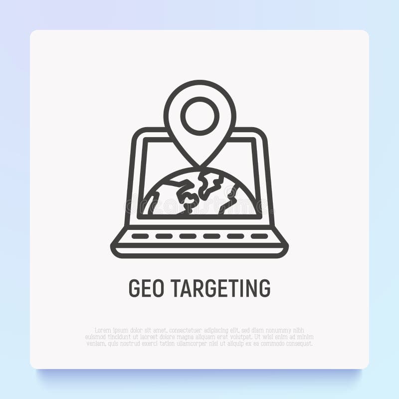 GEO Targeting Thin Line Icon: Opened Laptop with Earth and Pointer on ...