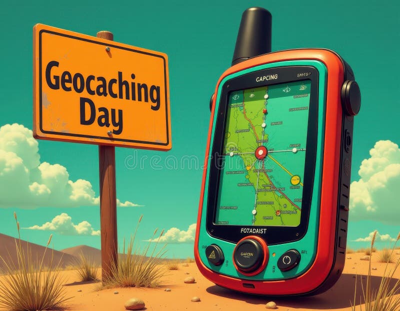 Geocaching Day GPS Device and Sign in Desert Landscape Stock ...