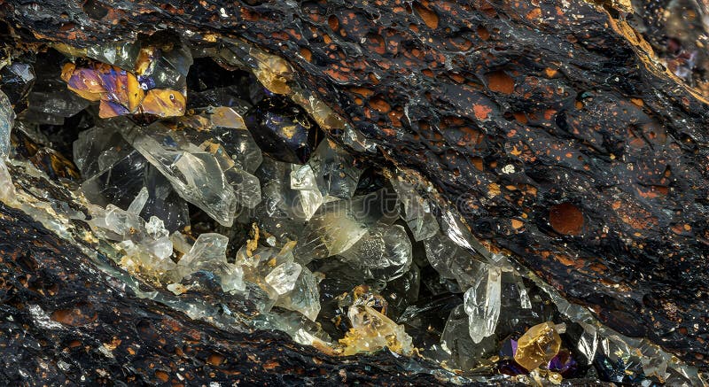 Geode Section Revealing Crystal Formation Inside Dark Rock Texture ...