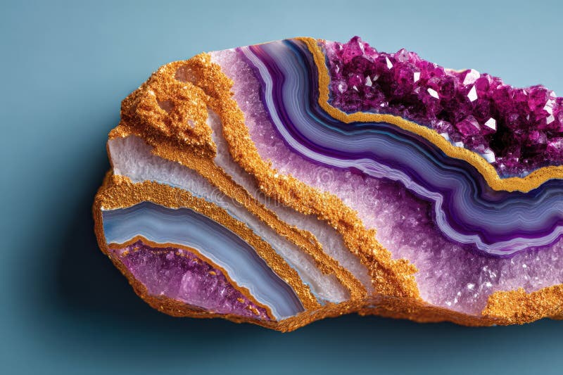 Geode Slice with Amethyst Core and Vibrant Golden Glitter Layers in ...