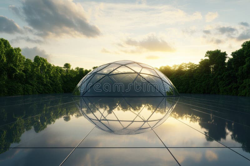 Geodesic Dome on Reflective Surface Amidst Nature at Sunset. Stock ...