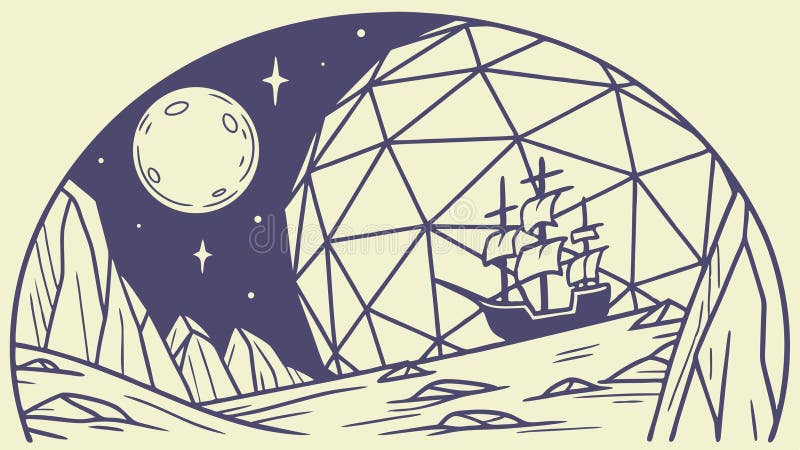 Geodesic Dome and Sailing Ship Under Celestial Sky, Vector Design ...